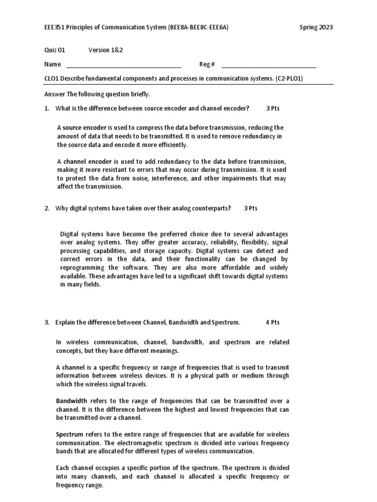 Quiz 1-Solution | PDF | Telecommunications | Data Compression