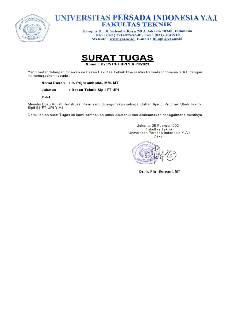 Surat Tugas: Nomor: 025/ST/FT UPI Y.A.I/II/2021 | PDF