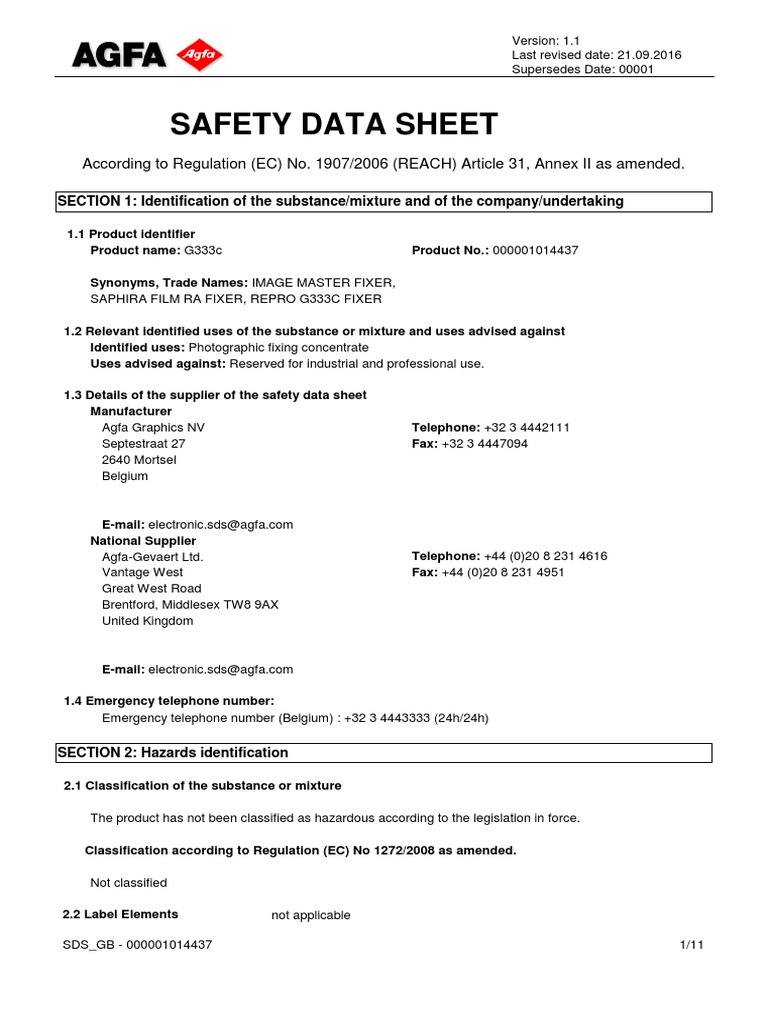 Agfa Fixer G333C - MSDS | PDF | Toxicity | Personal Protective Equipment