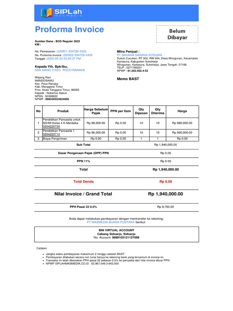 Proforma Invoice: Nilai Invoice / Grand Total RP 1,940,000.00 | PDF ...