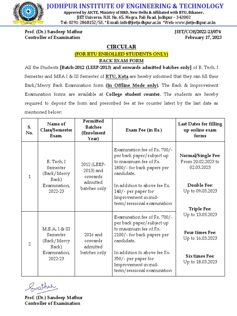 074 - RTU-B. Tech. I Sem. and MBA I & III Sem.-Back Exam Form & Exam ...