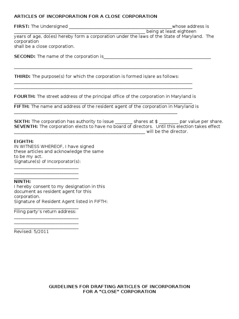 Articles of Incorporation For A Close Corporation | PDF | Registered ...