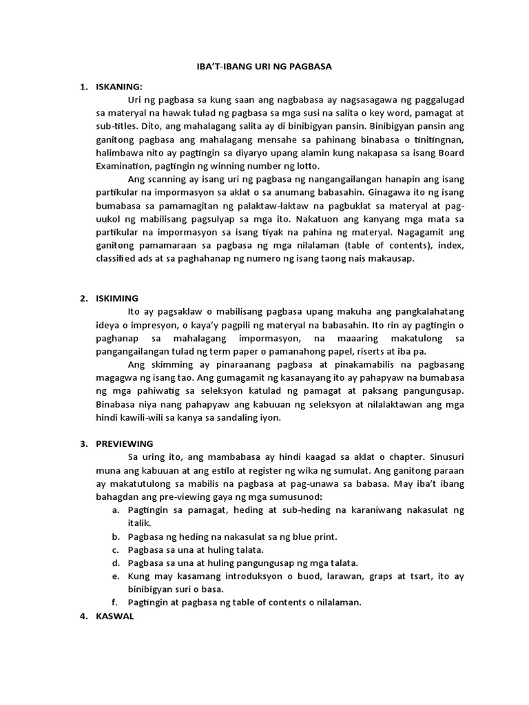 Ibat ibang uri ng pagbasa | PDF