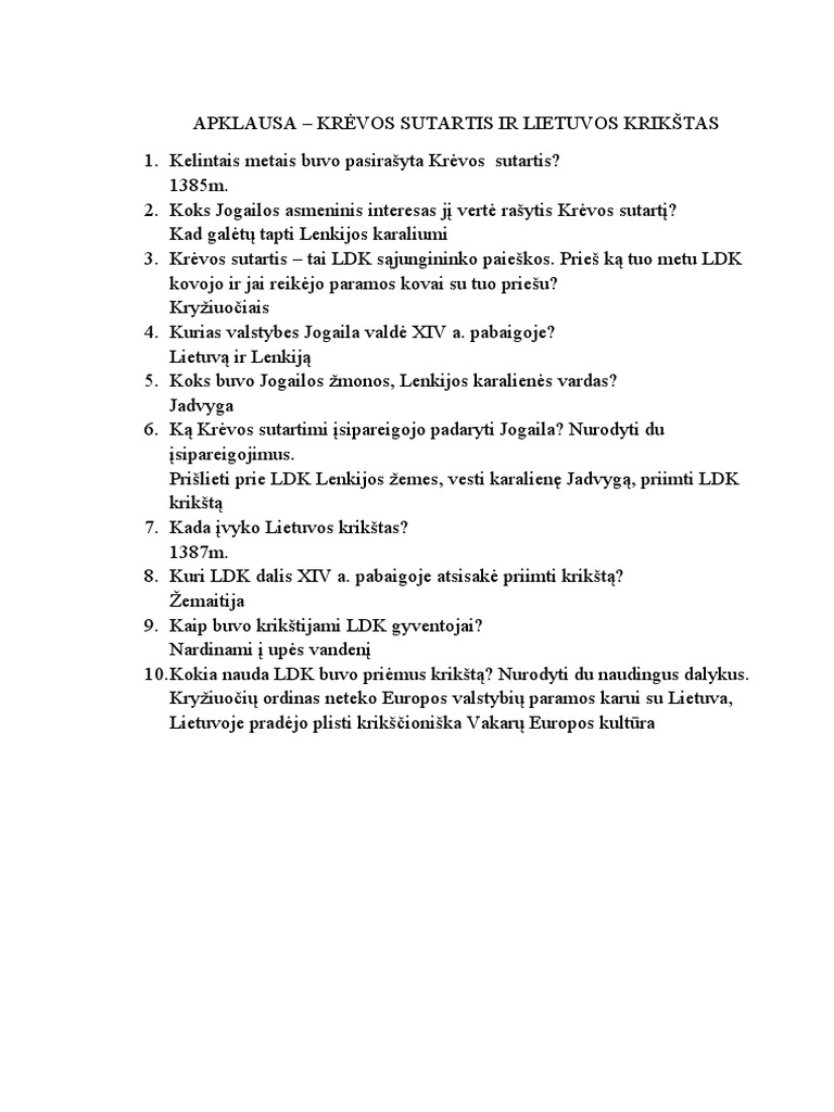 8 Krėvos Sutartis Lietuvos Krikštas | PDF