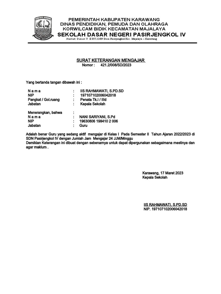 Surat Ket Mengajar SKTP | PDF