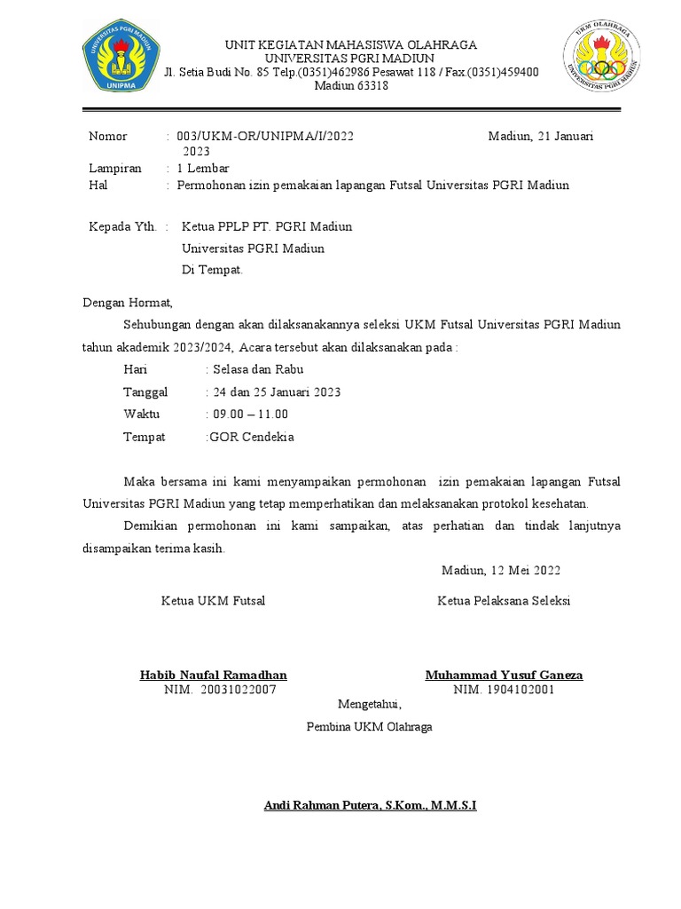 Surat Izin Lapangan Seleksi Futsal | PDF