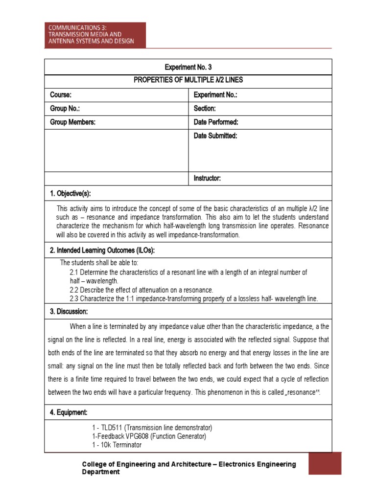 Ece016 - Communications 3 - Experiment 3 | PDF | Resonance | Transmission Line