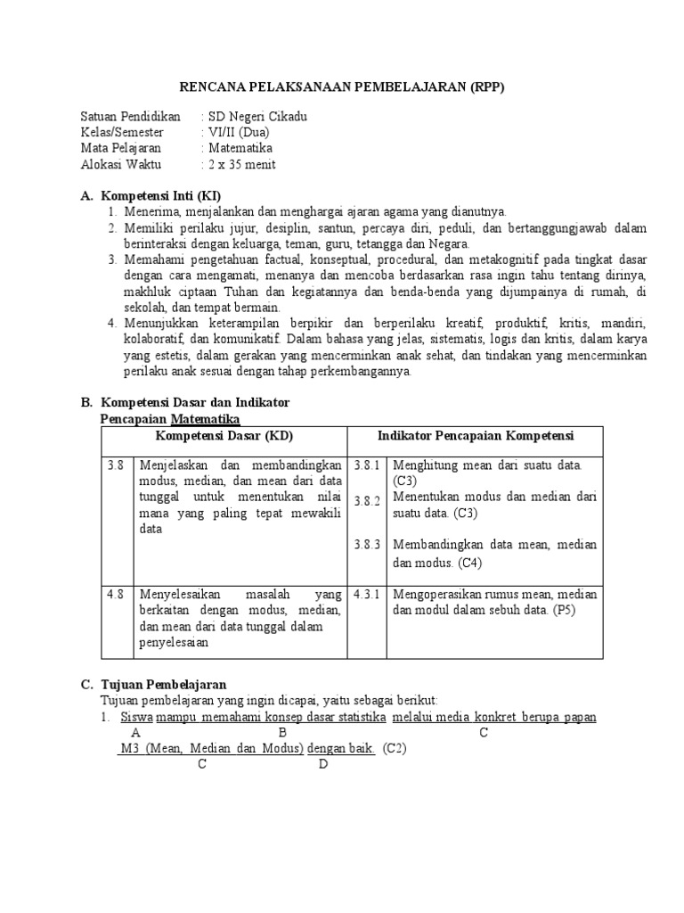RPP MTK Kelas 6 | PDF