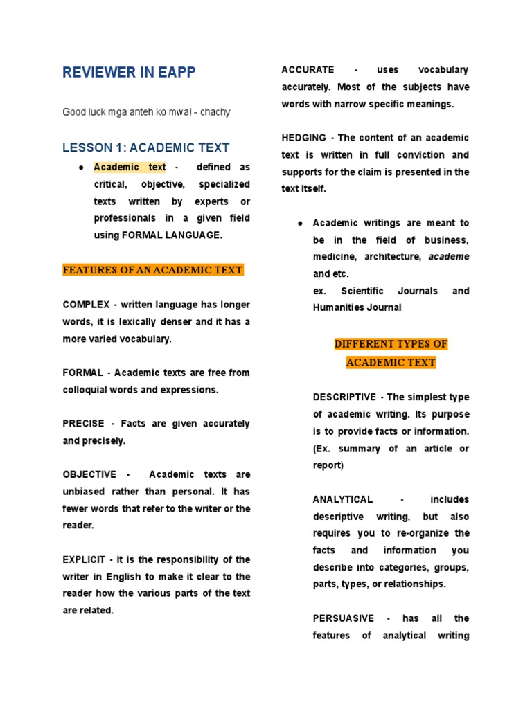 Reviewer in Eapp: Lesson 1: Academic Text | PDF | Psychoanalysis | Cognitive Science