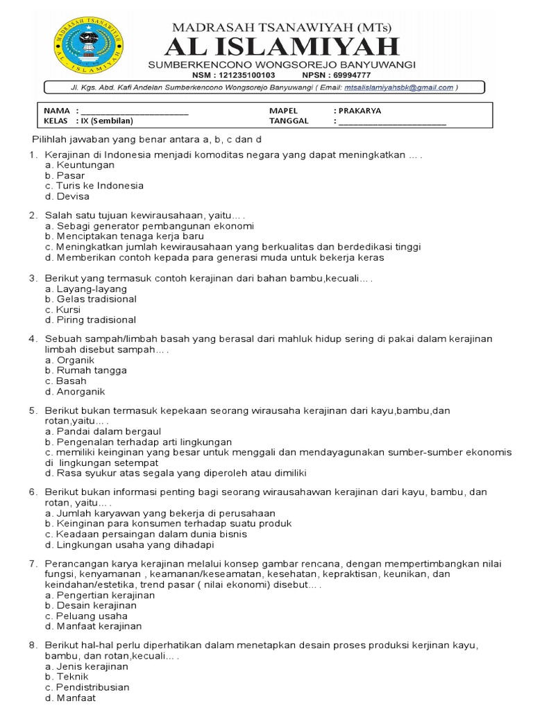 Soal Prakarya KLS 9 | PDF