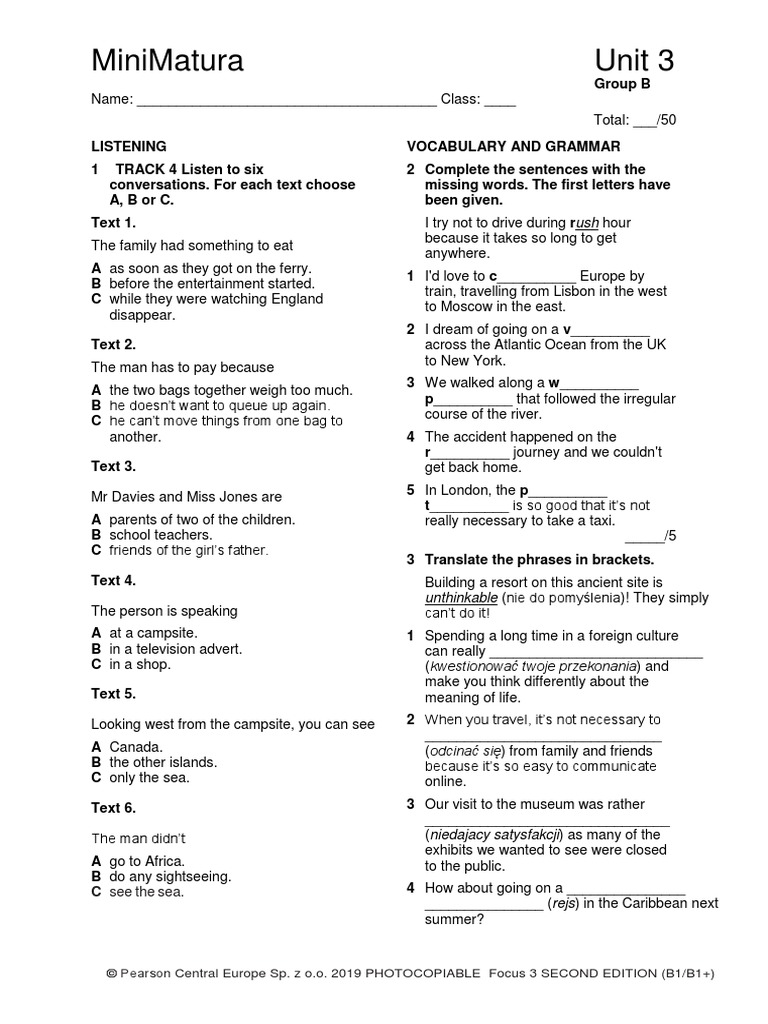 Focus3 2E MiniMatura Unit3 GroupB 2kol | PDF | Airport | Transport