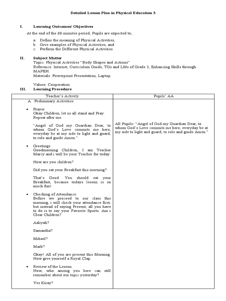 Detailed Lesson Plan in Physical Education 3 | PDF | Self-Improvement