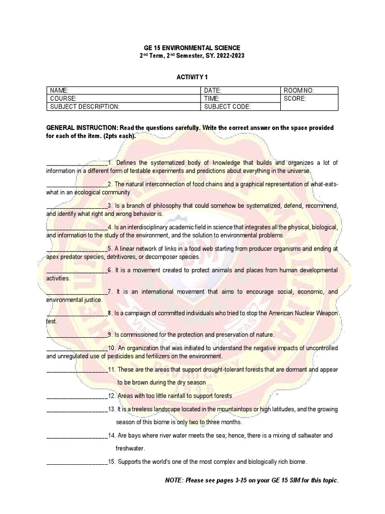 Ge 15 Environmental Science 2 Term, 2 Semester, SY. 2022-2023 Activity 1 | PDF | Science | Ecology