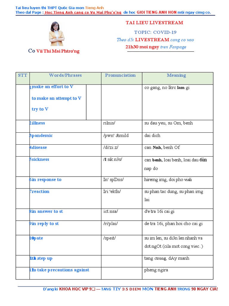 (Cô Vũ Mai Phương) T V NG Đi Kèm LIVESTREAM - COLLOCATION & IDIOM - COVID19 | PDF