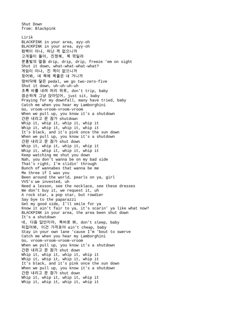 Shutdown - Blackpink Lyric | PDF