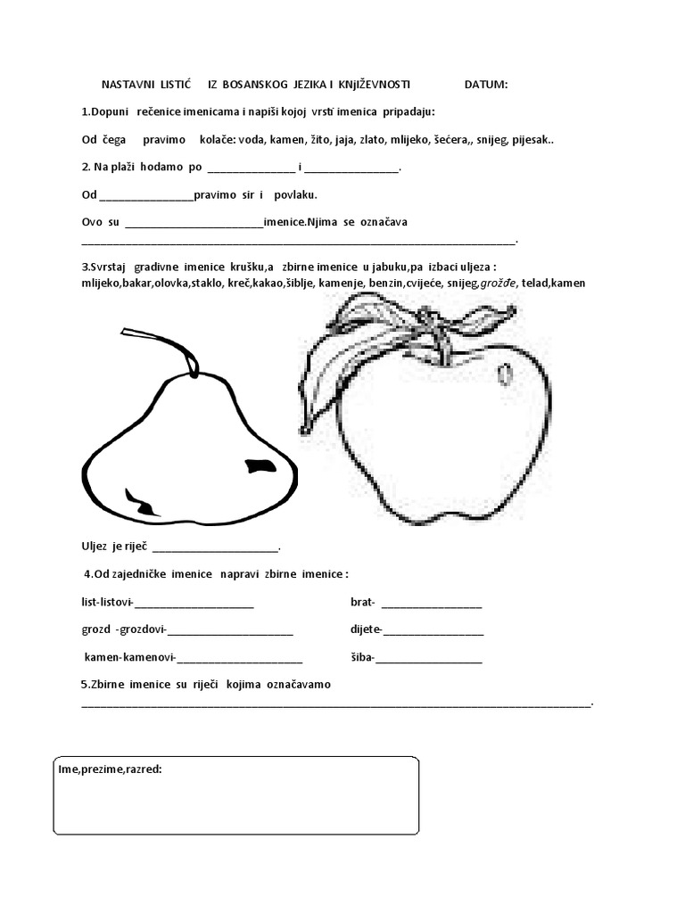 NASTAVNI LISTIĆ Gradivne I Zbirne Imenice - A | PDF