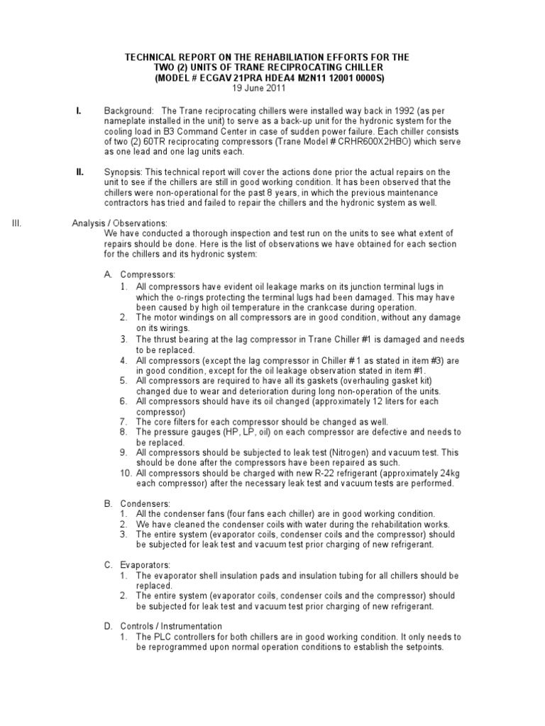 Trane Chiller Rehabilitation Report | PDF | Gas Compressor | Heat Transfer
