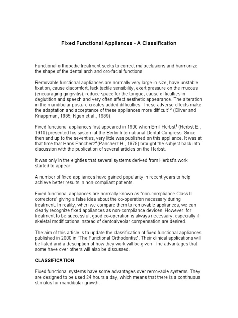 Fixed Functional Appliances Classification | PDF | Dentistry Branches