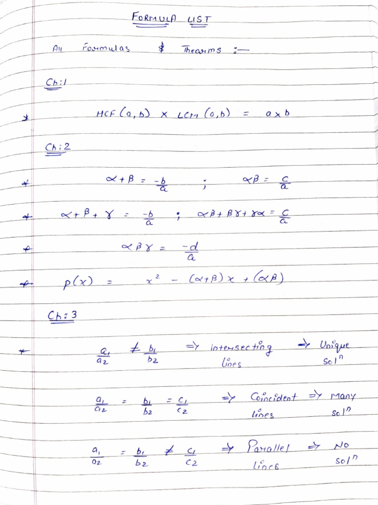 Formula list with imp formulas and theorms Class X | PDF | Elementary ...
