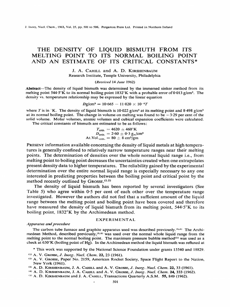 The Density of Liquid Bismuth From Its Melting Point To Its N O R M A L Boiling Point A N D A N ...