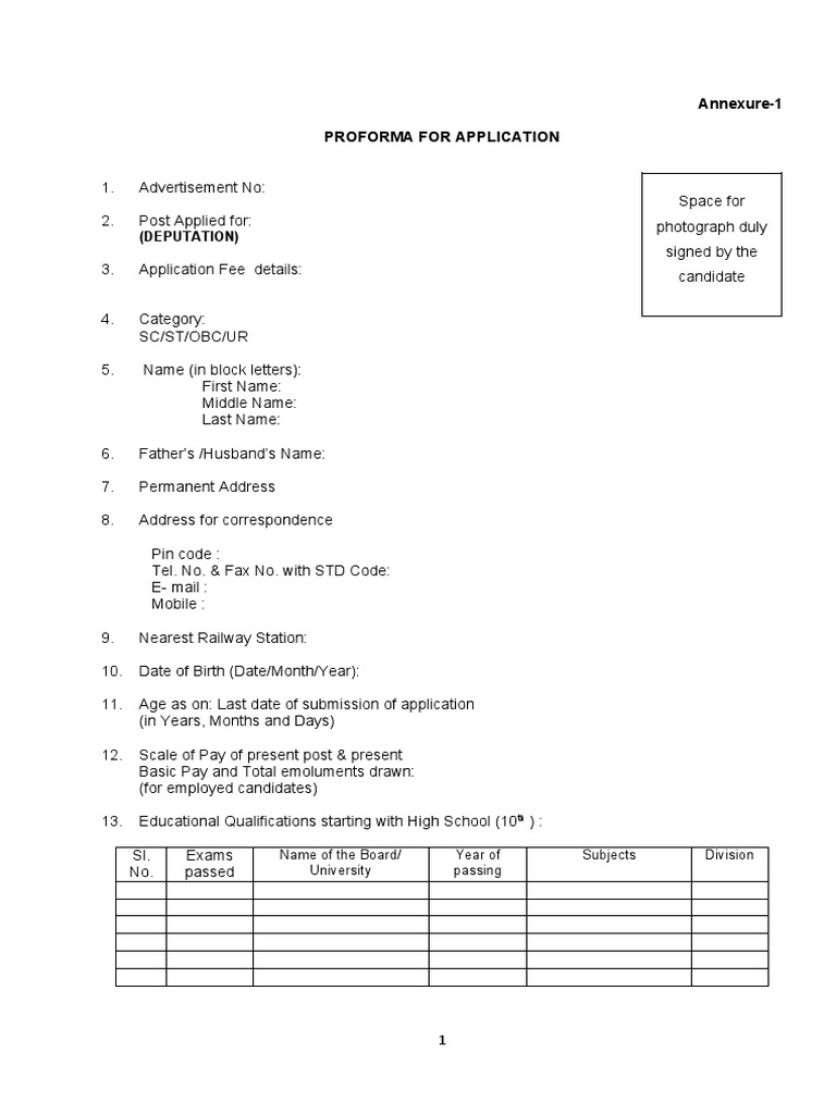 (Deputation) : Annexure-1 Proforma For Application | PDF