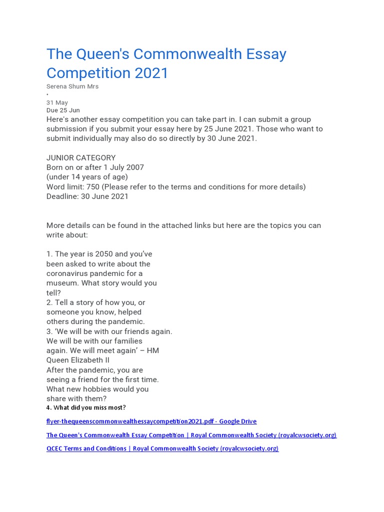 The Queen's Commonwealth Essay Competition 2021: Serena Shum Mrs - 31 ...