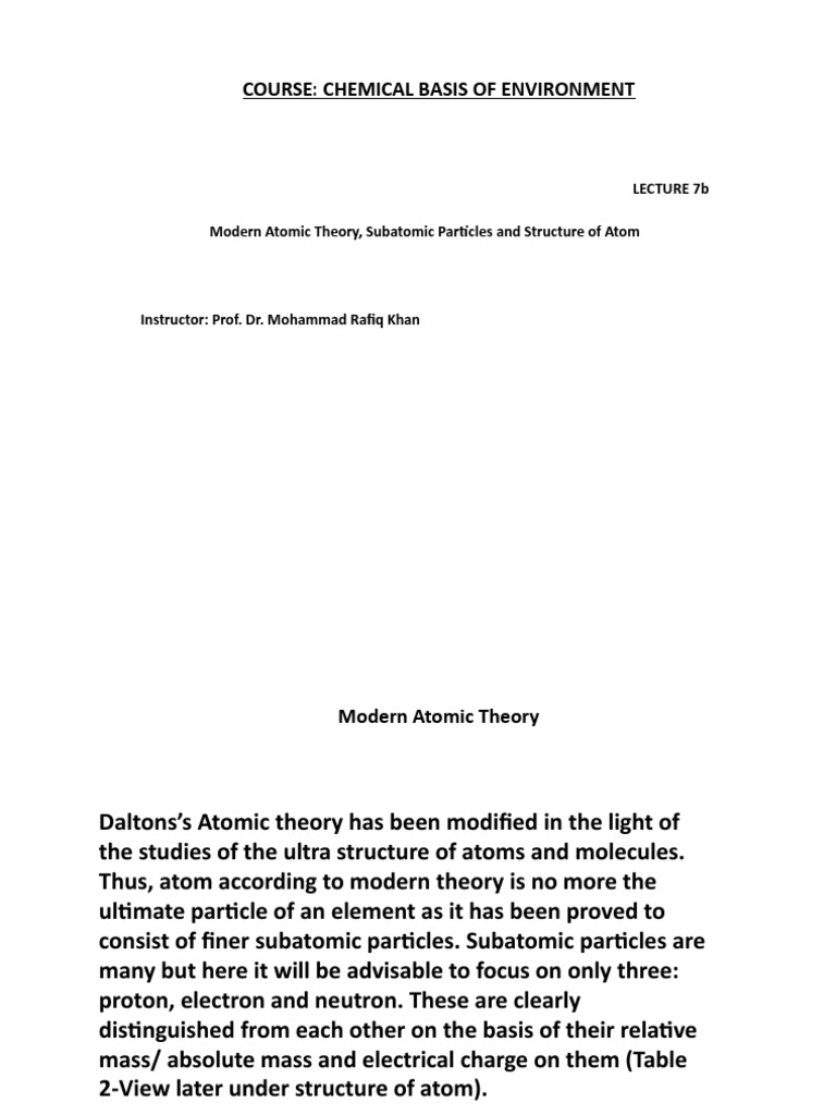 7b Modern Atomic Theory, Subatomic Particles and Structure of Atom | PDF | Atoms | Proton