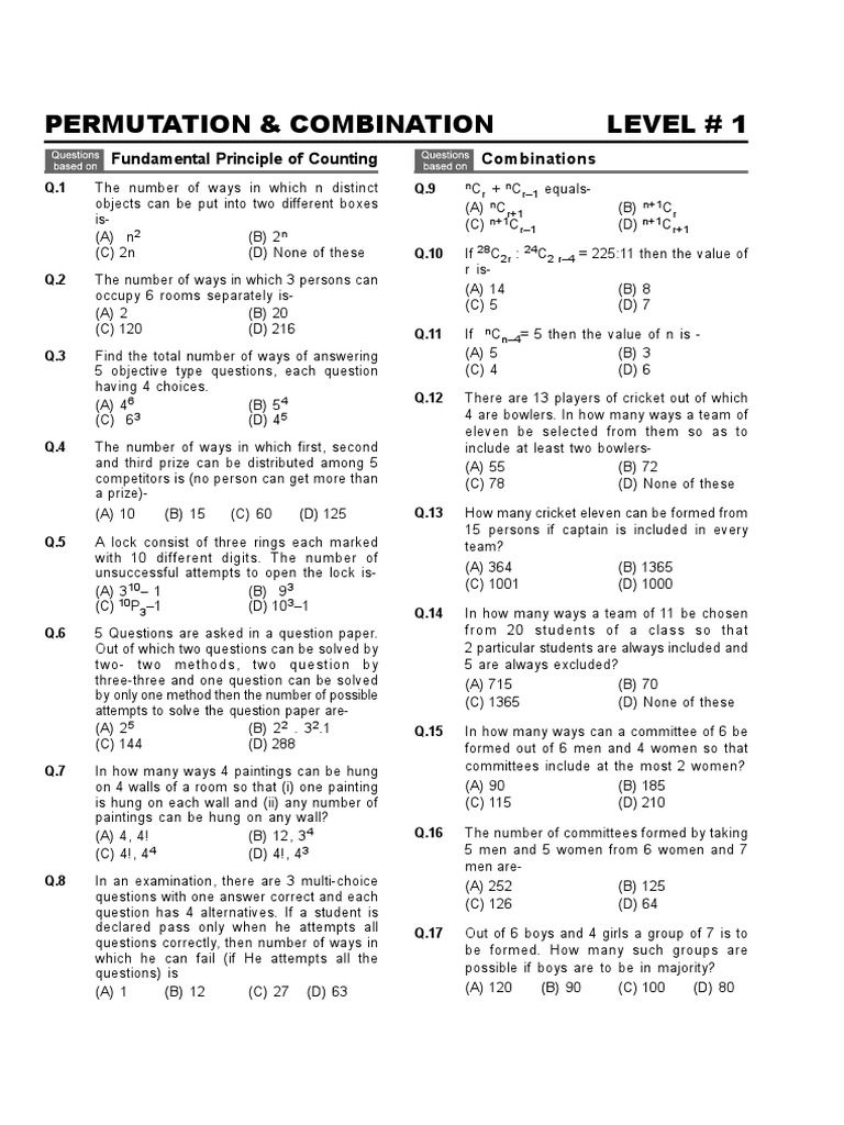 Permutation And Combination Level 1 Fundamental Principle Of Counting Combinations Pdf