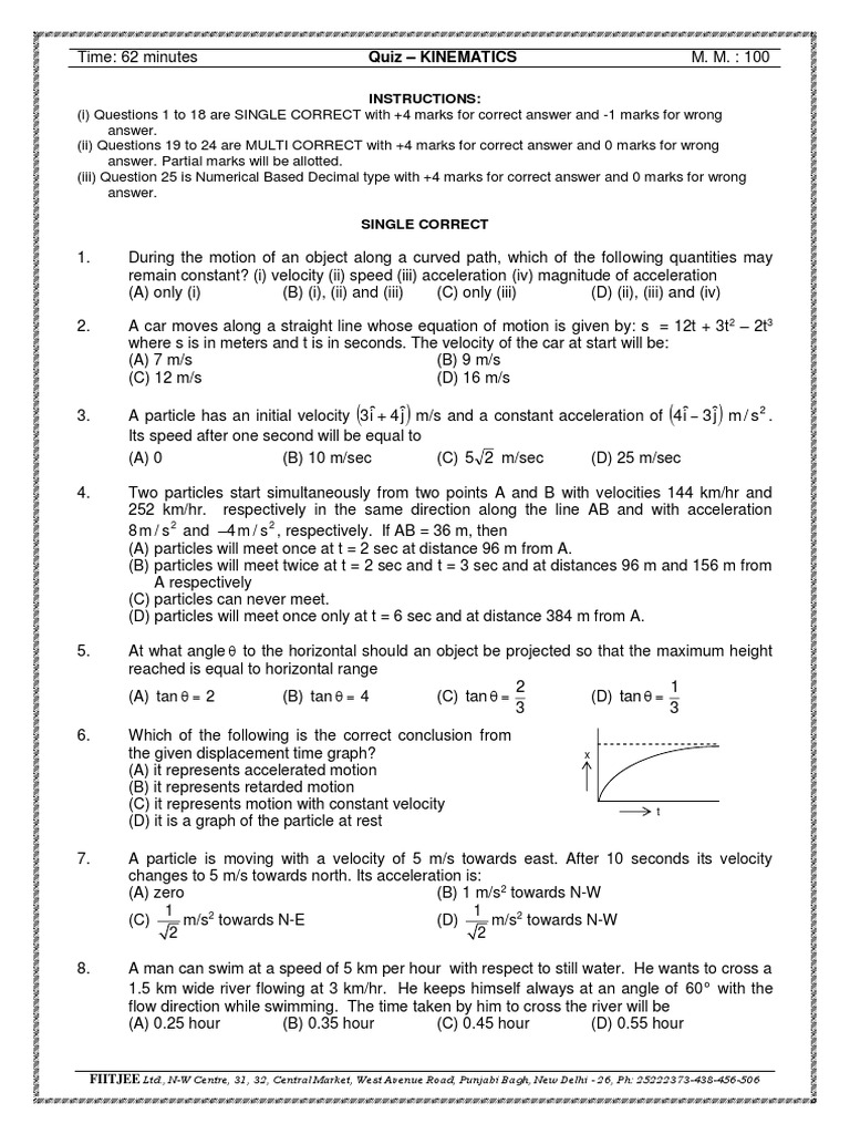 Kinematics Quiz by Ruchir Arora | PDF | Velocity | Acceleration
