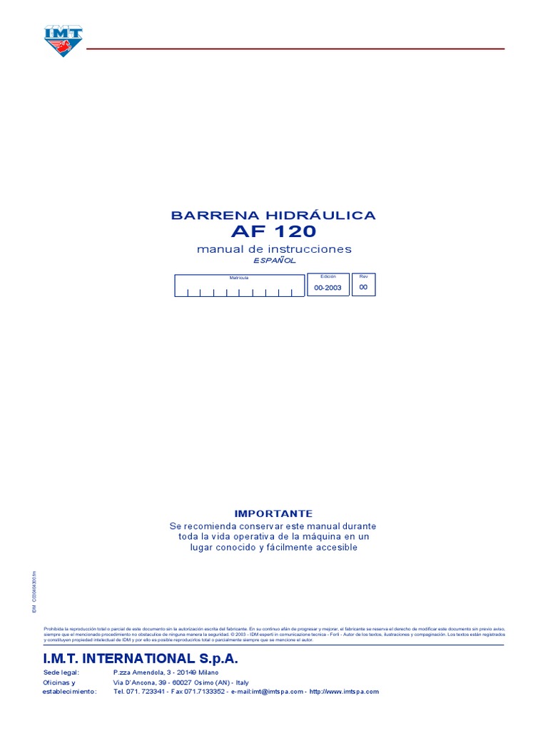 Perforadora IMT AF 120 - Manuel Uso | PDF | Eje | Bienes manufacturados