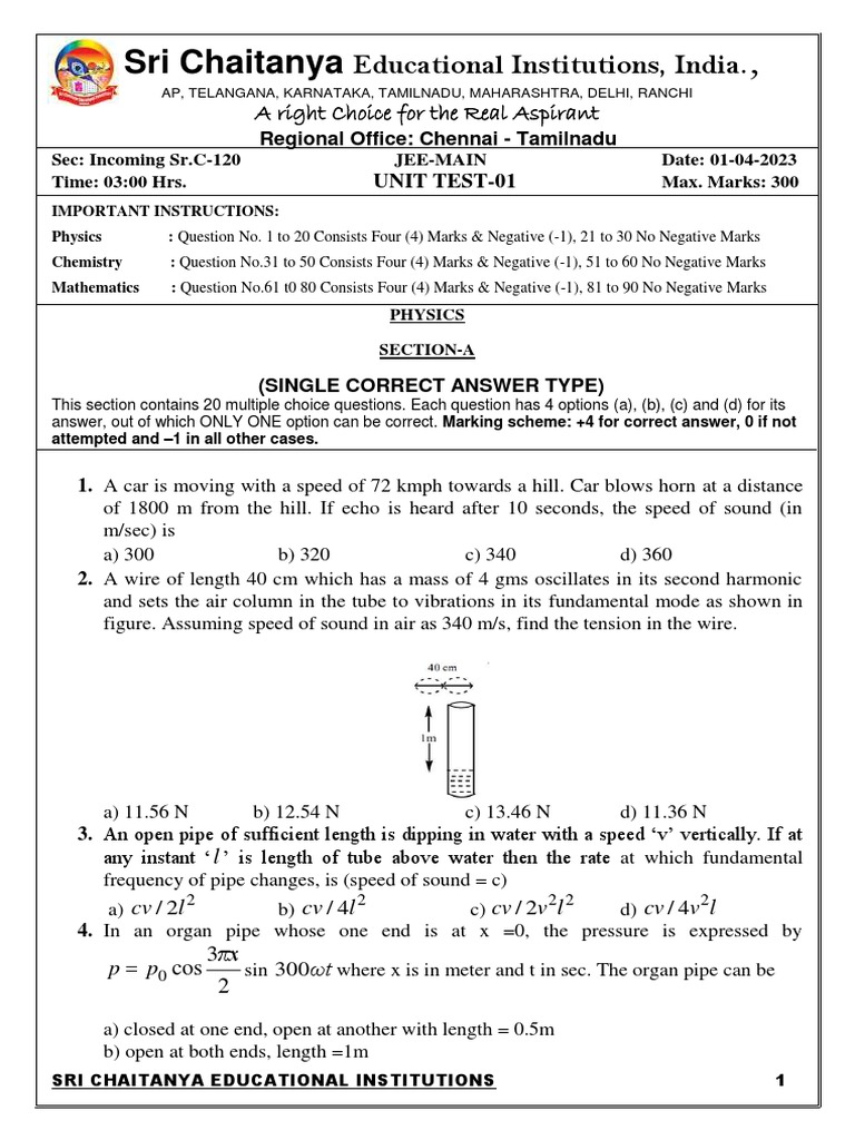 01-04-2023 - Incoming Sr.C-120 - JEE MAIN - UNIT TEST-01 - Question ...
