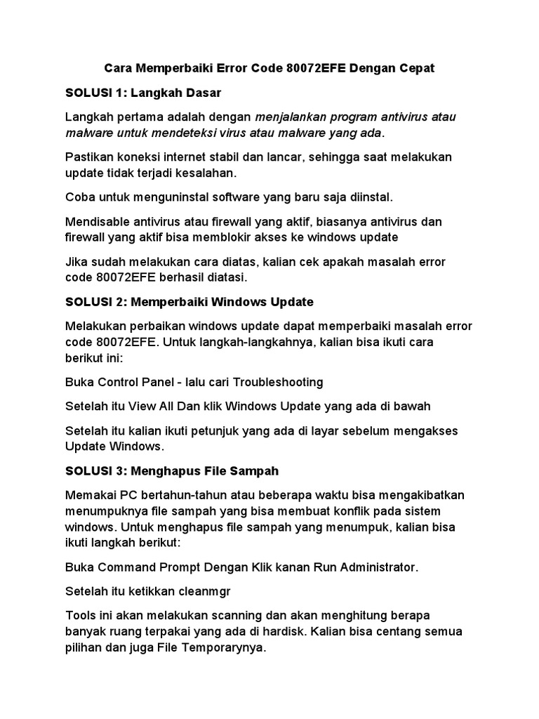 Cara Memperbaiki Error Code 80072EFE Dengan Cepat | PDF
