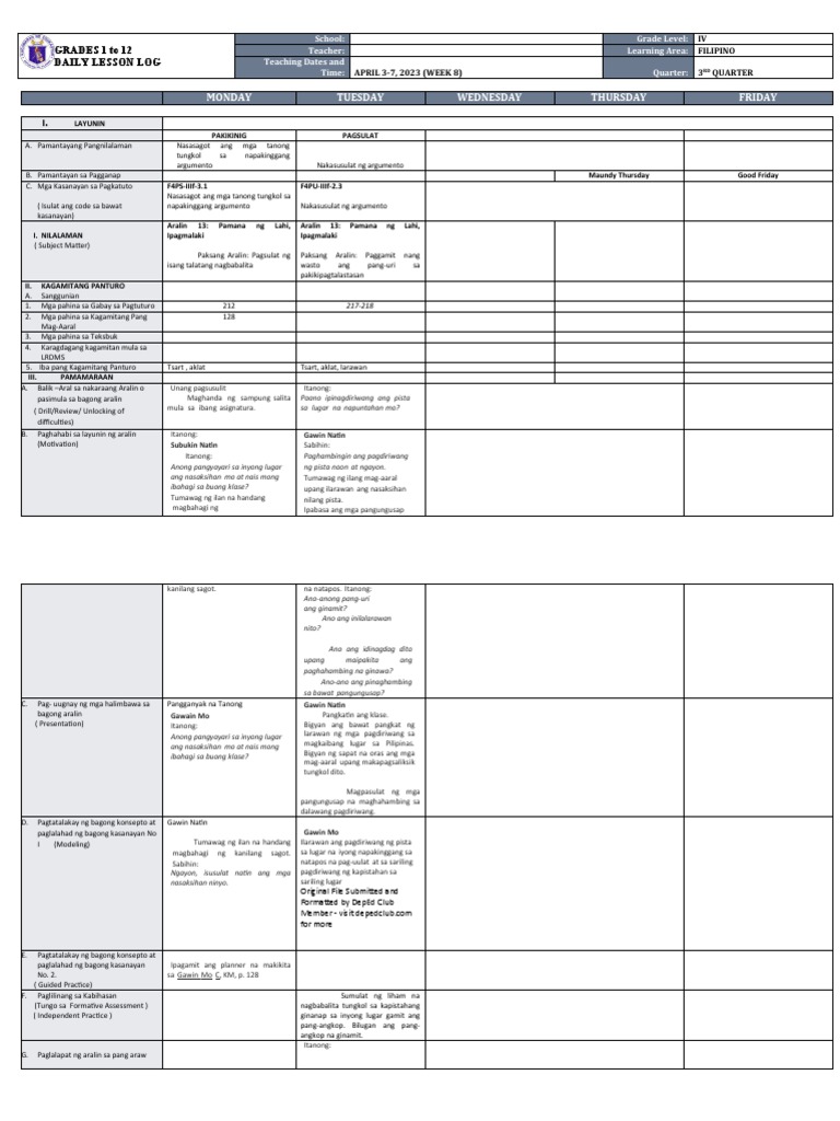 DLL - Filipino 4 - Q3 - W8 | PDF