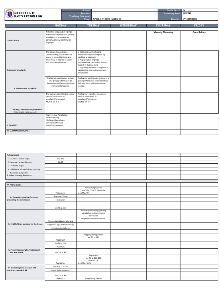 DLL - Mapeh 4 - Q3 - W8 | PDF | Behavior Modification | Cognition