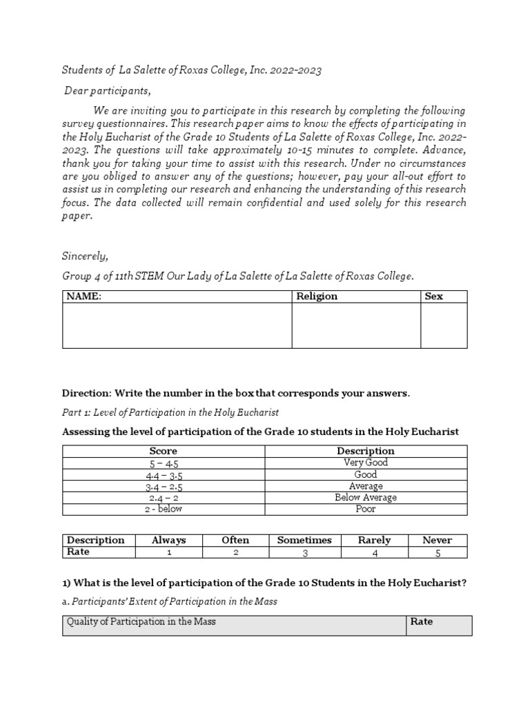 Essence Questionnaire | PDF | Mass (Liturgy) | Eucharist