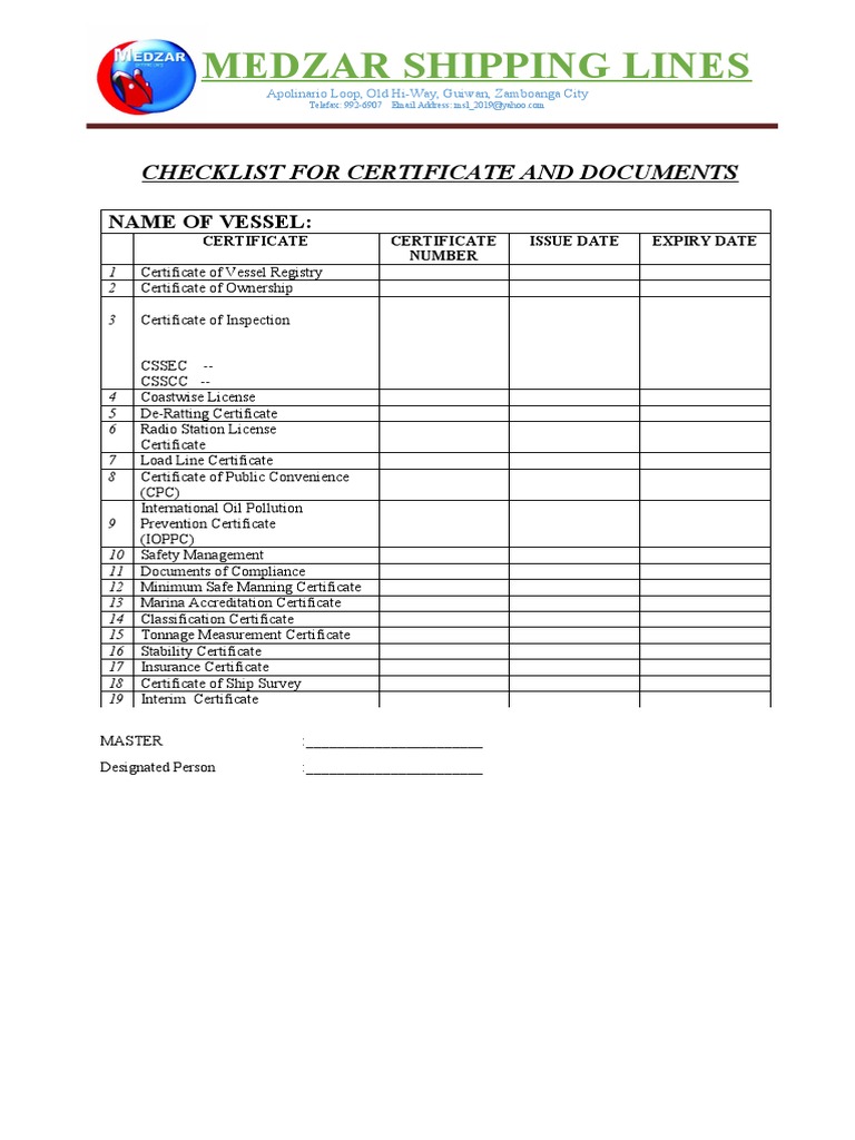 Medzar Shipping Lines Document Checklist | PDF | Business