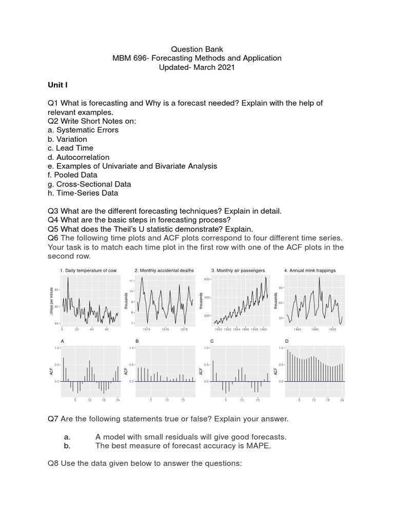 Question Bank MBM696 | PDF | Autoregressive Integrated Moving Average | Forecasting
