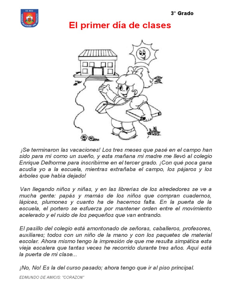 Mi Primer Día de Clases Lectura 3° | PDF