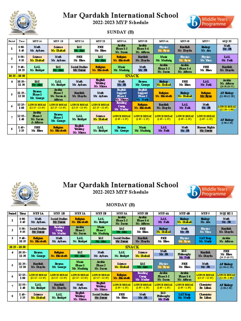 Mar Qardakh International School: 2022-2023 MYP Schedule | PDF ...