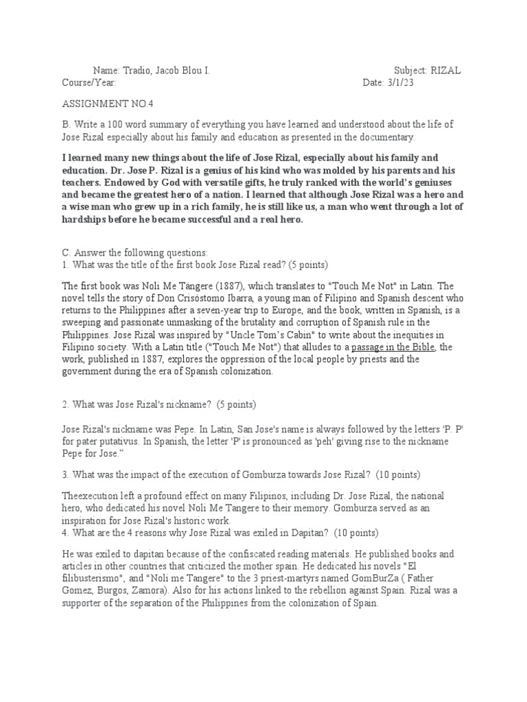RIZAL Assignment 4 | PDF | Philippines