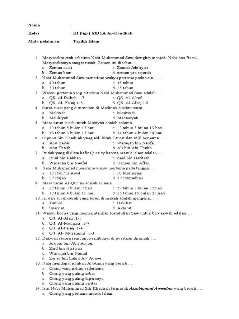 Ujian MDTA Mapel Tarikh Islam 2020 | PDF