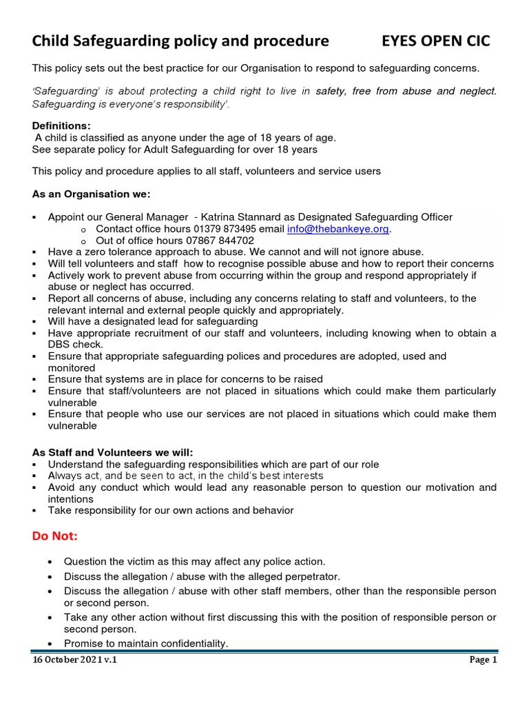 Eo Cic Child Safeguarding Policy and Procedure | PDF | Child Neglect | Domestic Violence