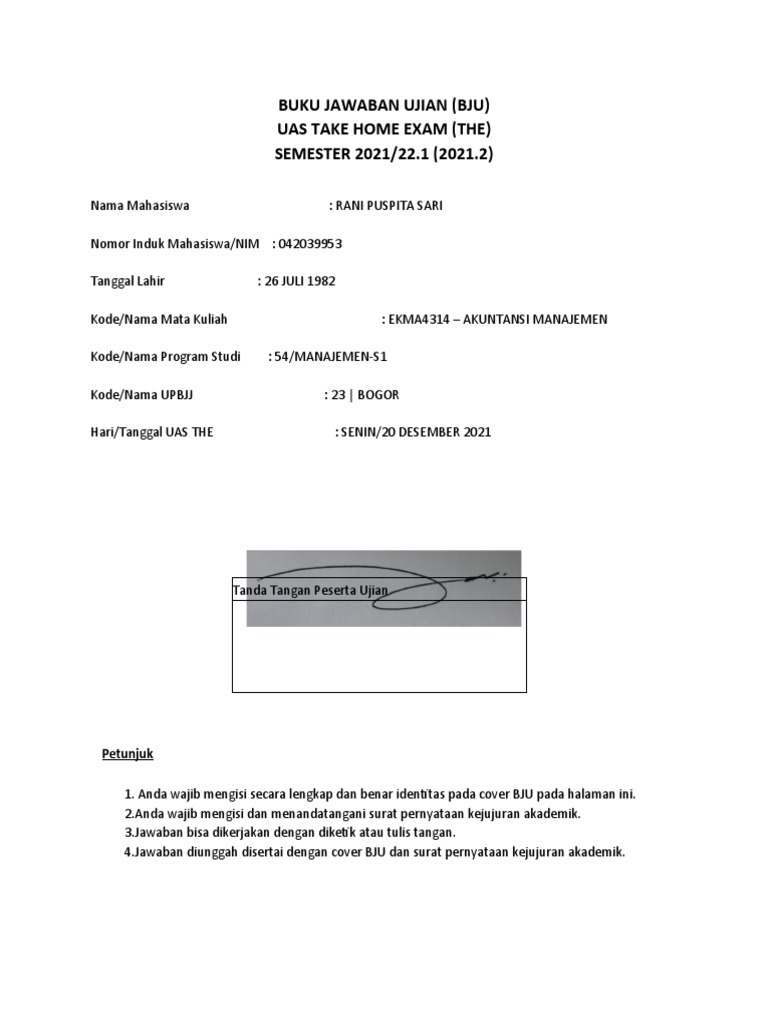 Buku Jawaban Ujian (Bju) Uas Take Home Exam (The) SEMESTER 2021/22.1 (2021.2) | PDF