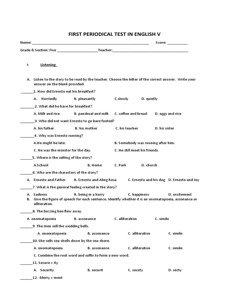 1ST Periodical Exam For Grade 5 English | PDF