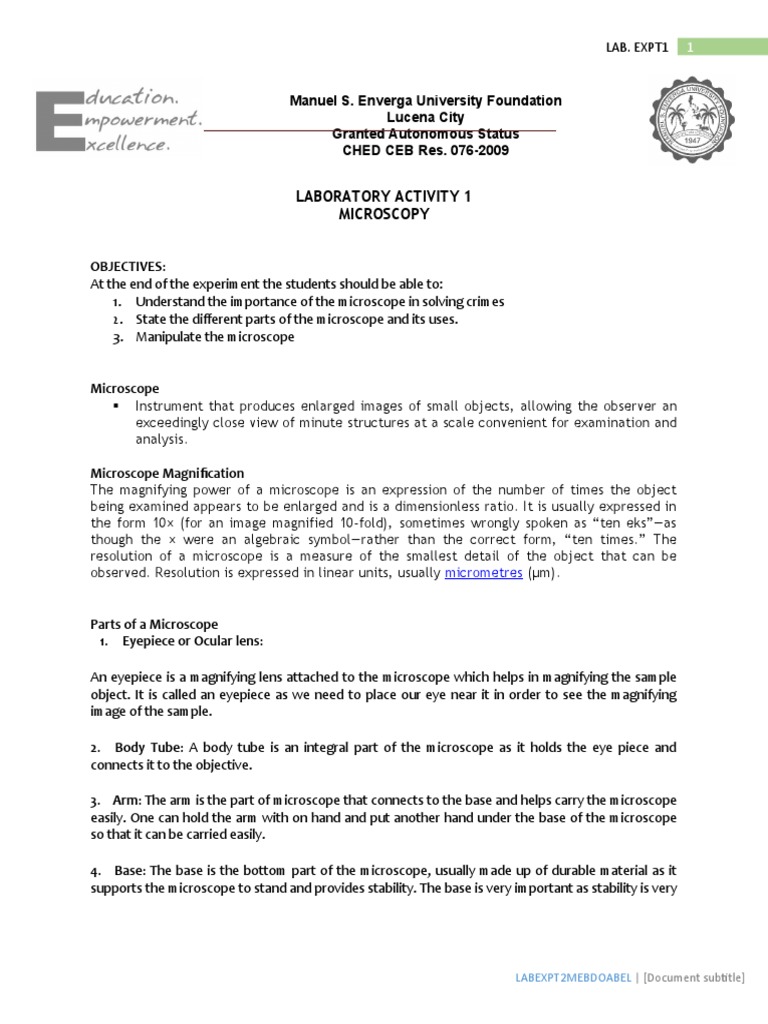 EXPERIMENT 1 Micros | PDF | Microscope | Microscopy