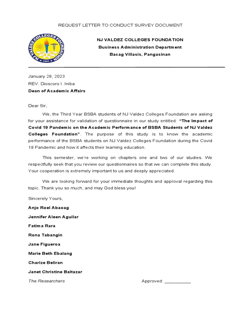 Request Letter To Conduct Survey Document | PDF