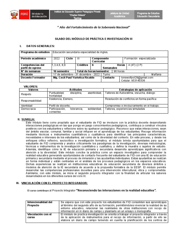 Silabo Del Módulo de Práctica E Investigación Iii: " Año Del Fortalecimiento de La Soberanía ...