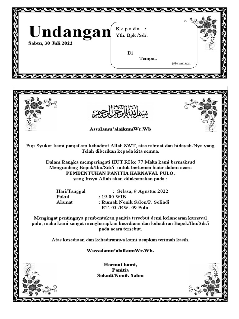 Contoh - Surat - Undangan - Rapat - Panitia - Karnaval Pulo | PDF