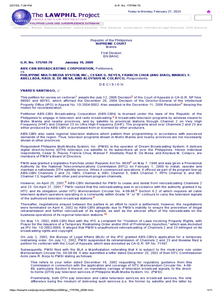 ABS-CBN Broadcasting vs. Philippine Multi-Media System, Inc. G.R. No ...