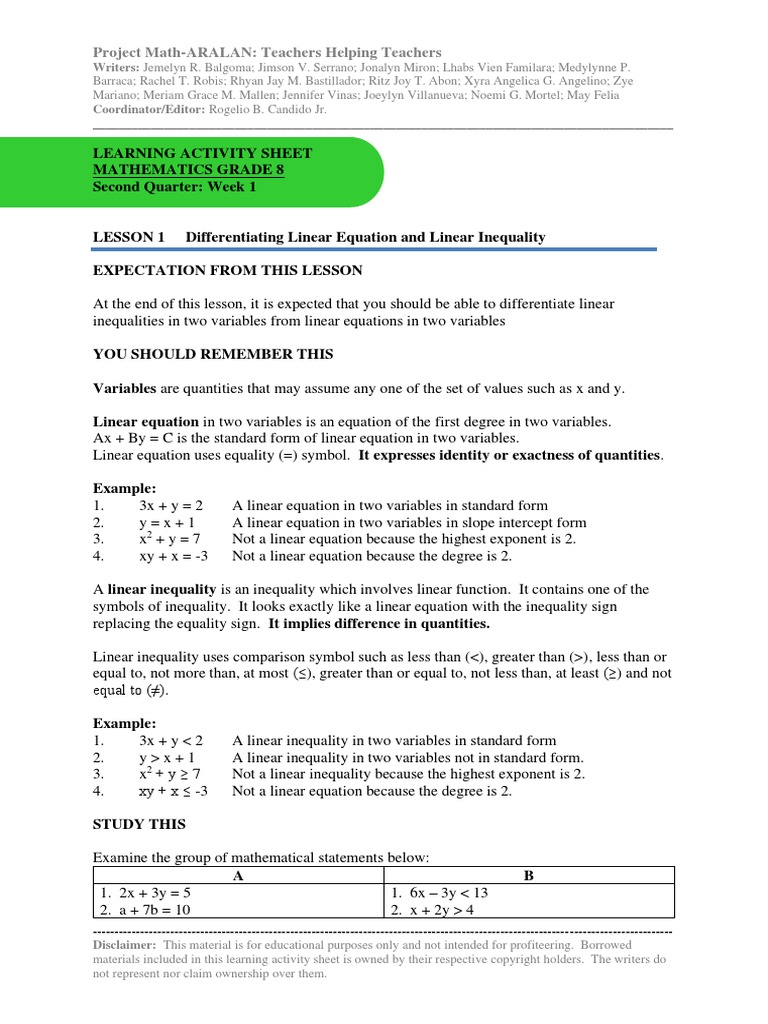 Learning Activity Sheets - Math Grade 8 - Second Quarter | PDF | Equations | Linearity